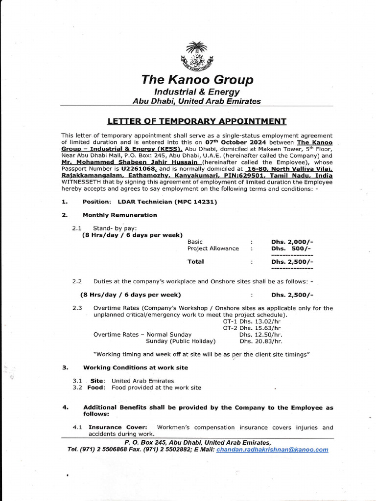 Temporary Employment Agreement - Kanoo Group | PDF | Employment ...