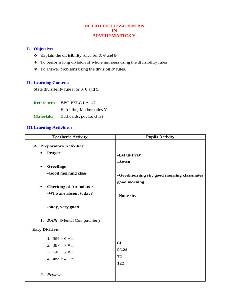 DETAILED LESSON PLAN IN MATH V | PDF | Learning