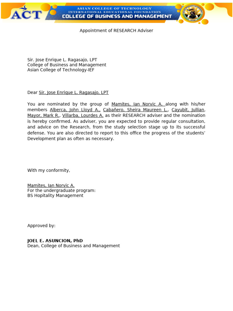Appointment of Research Adviser for BS Hospitality Management | PDF