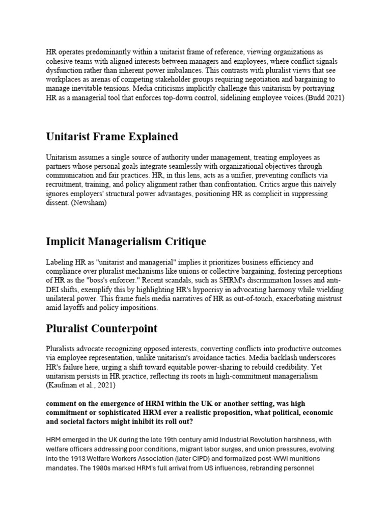 HR operates predominantly within a unitarist frame of reference | PDF ...