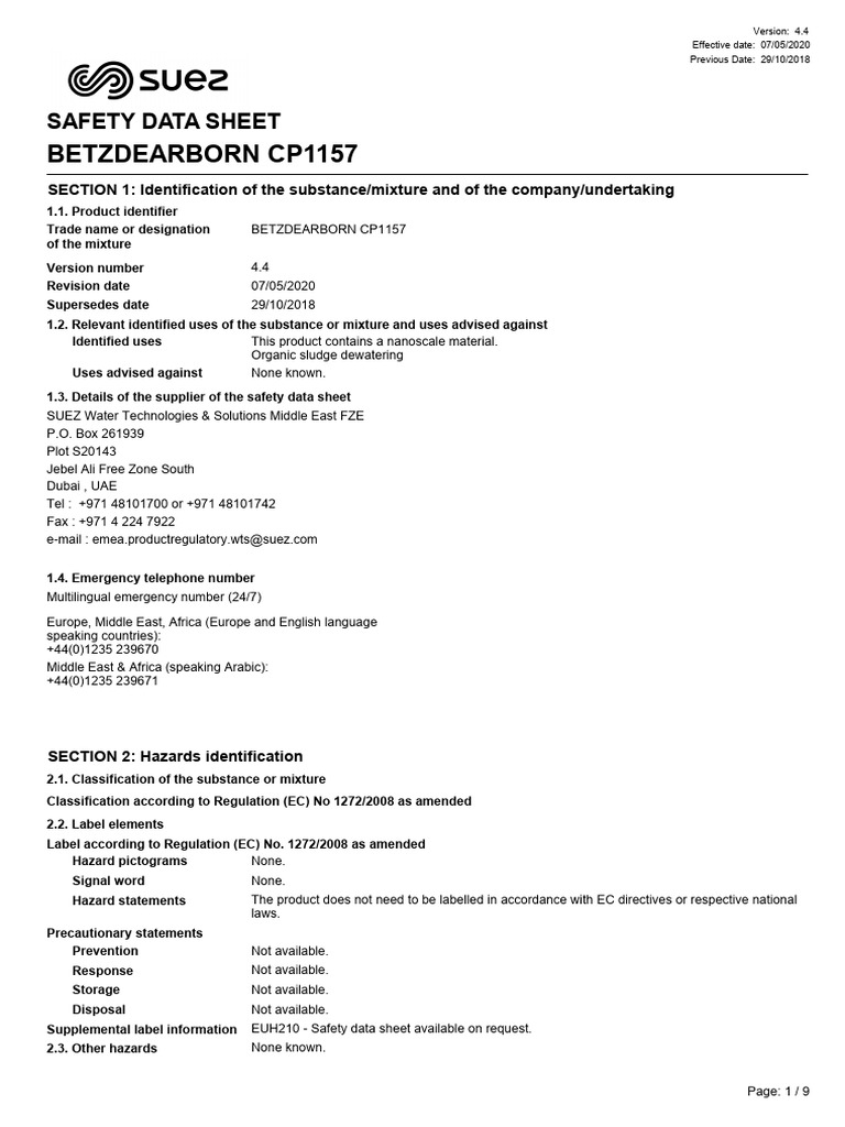 Betzdearborn CP1157 MSDS | PDF | Toxicity | Occupational Safety And Health