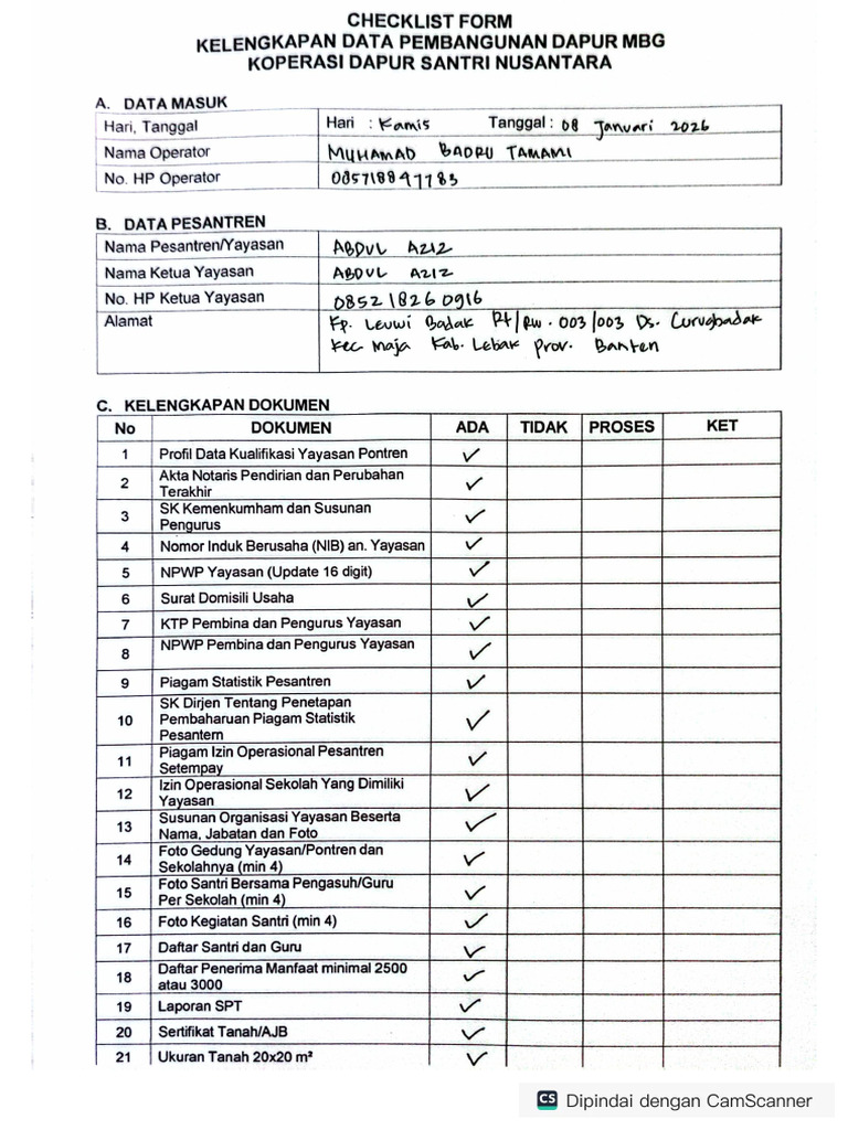 Ceklis Form Kelengkapan Data Dapur Mbg - Yayasan Darul Huda Al-ikhwan ...