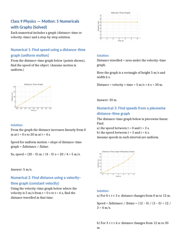 Class9 Motion 5 Numericals With Graphs | PDF | Speed | Velocity