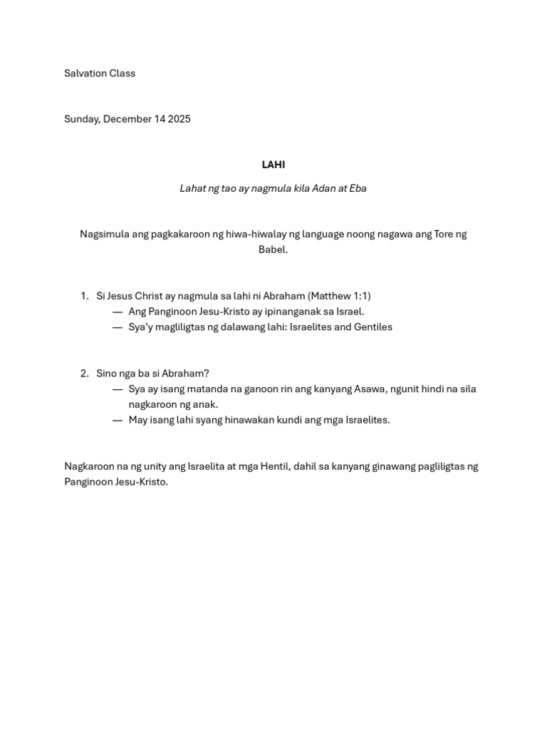 Salvation Class Sunday December 14 2025 | PDF