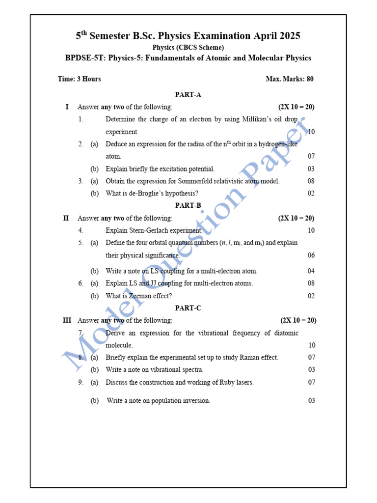 Fundalmentals of Atomic and Molecular Physics Model Question Paper ...