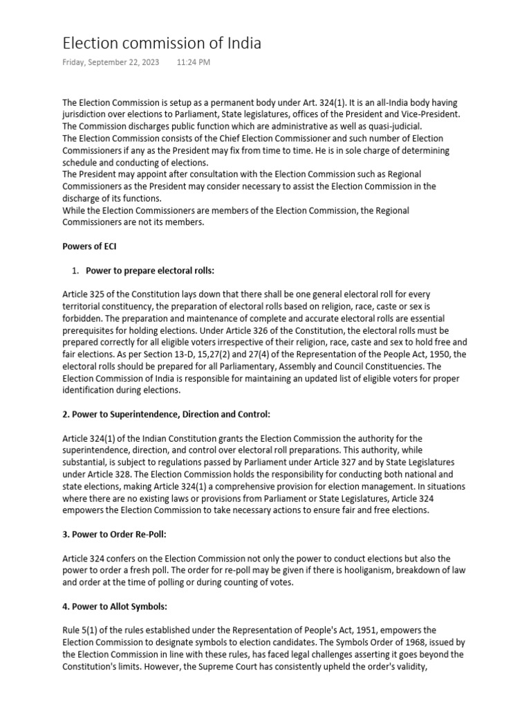 Powers and Functions of Election Commission | PDF | Supreme Court Of ...