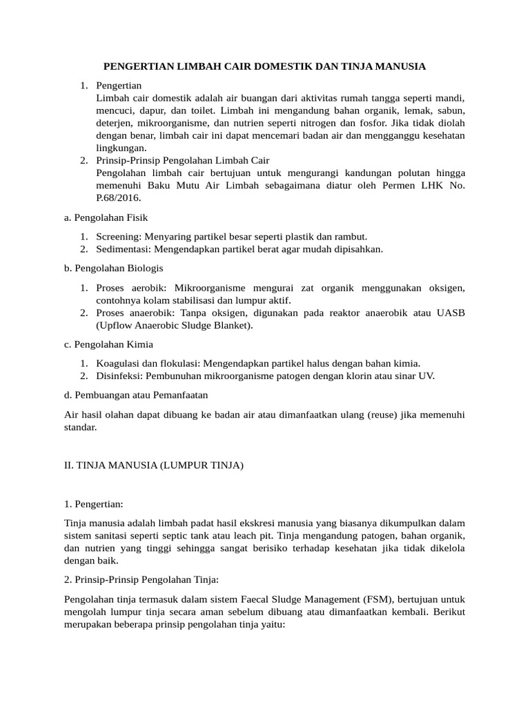 Pengertian Limbah Cair Domestik Dan Tinja Manusia | PDF