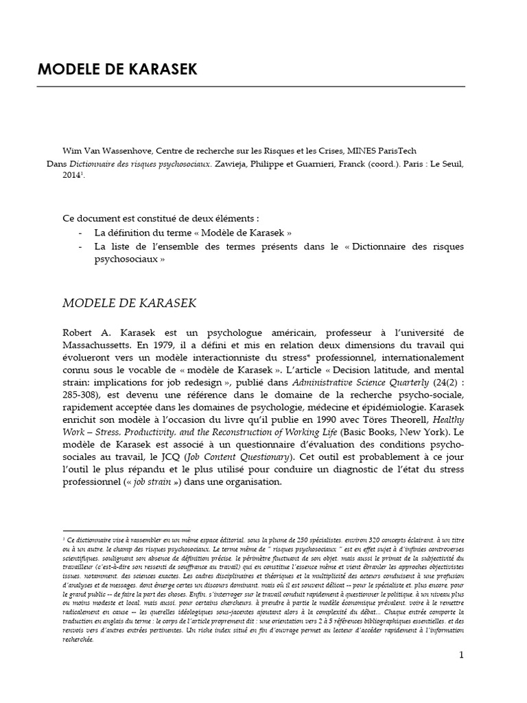 Modèle de Karasek : Stress au Travail | PDF | Psychologie | Stress ...