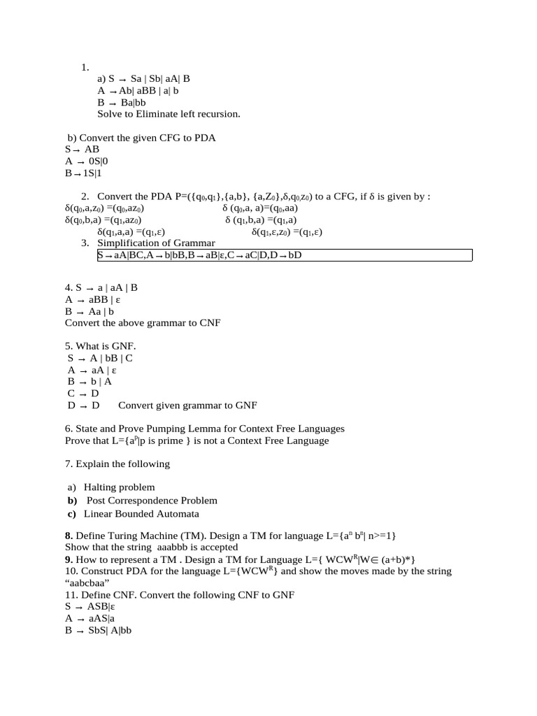 TOC Important Questions | PDF