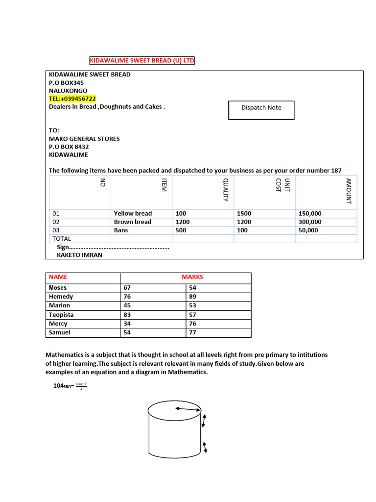 Kidawalime Sweet Bread Dispatch Note | PDF