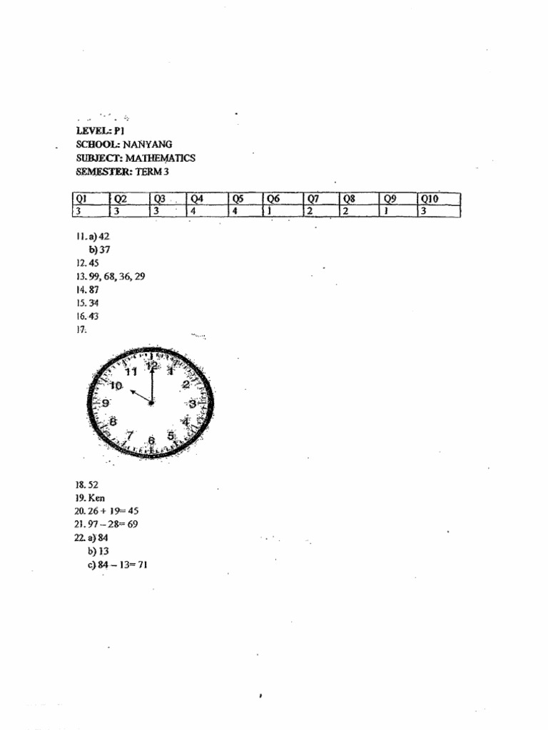 P1 Maths 2016 Nanyang Test 1 Key | PDF