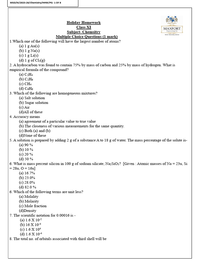 Class XI Chemistry Holiday Homework | PDF | Atomic Orbital | Electron