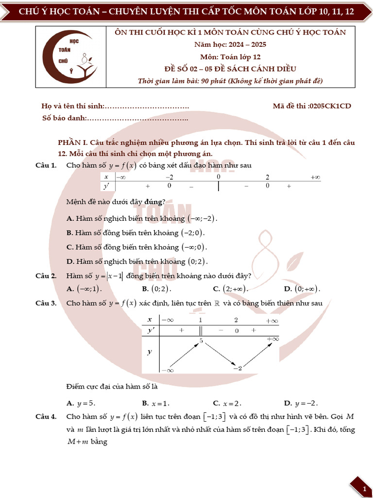 Đề Số 02 - 05 - Ôn Thi Học Kì 1 Môn Toán Lớp 12 - Sách Cánh Diều | PDF