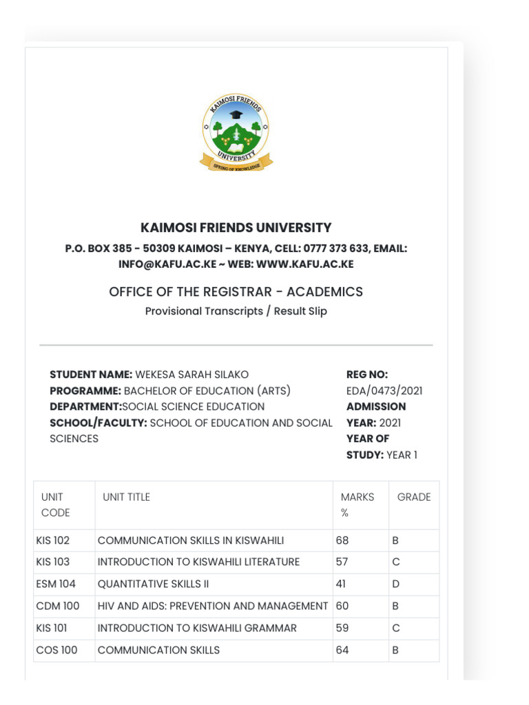 Kaimosi Friends University Result Slip | PDF