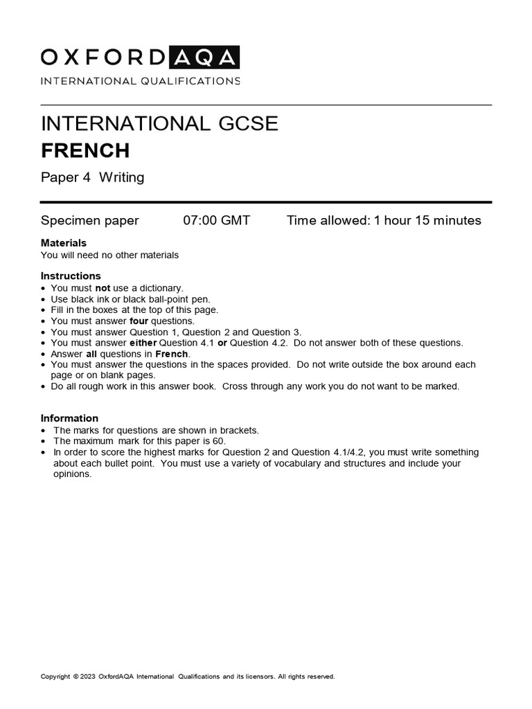 IGCSE French Writing Exam Paper | PDF | Qualifications | Student ...