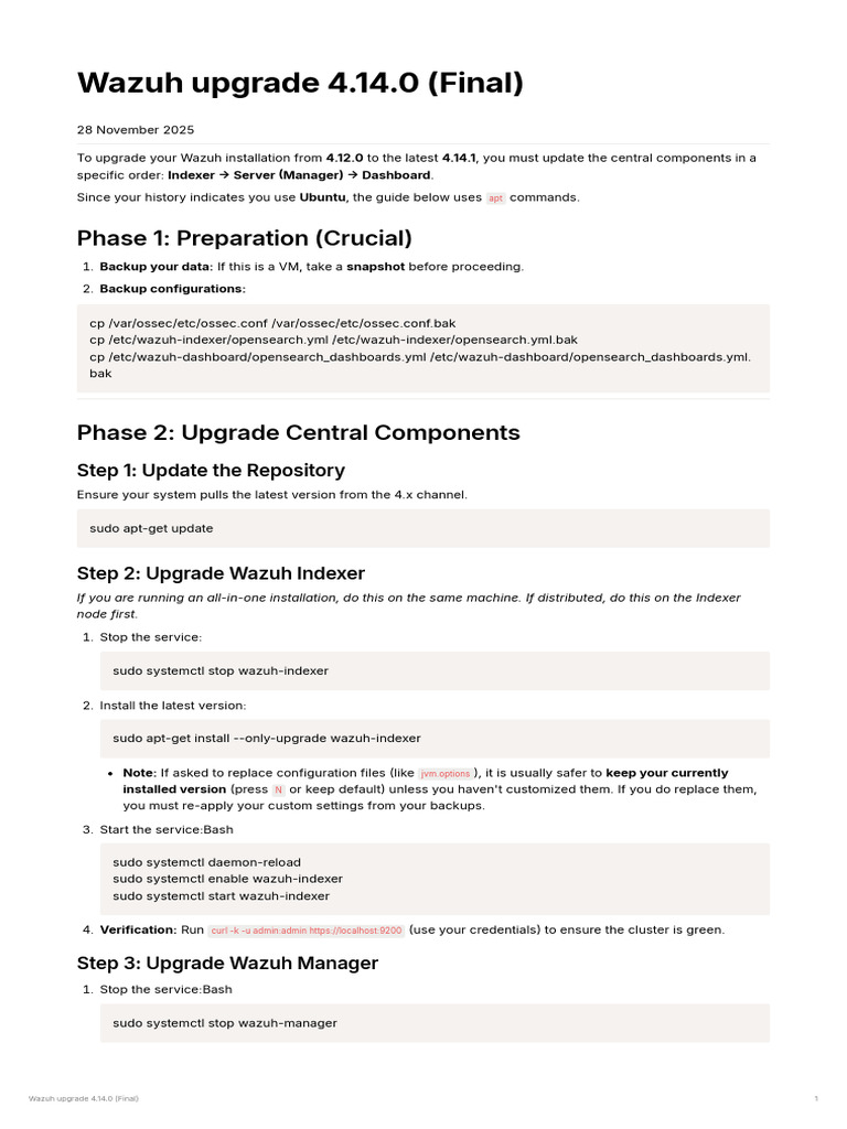 Wazuh Upgrade 4.14.0 (Final) | PDF | Software | System Software