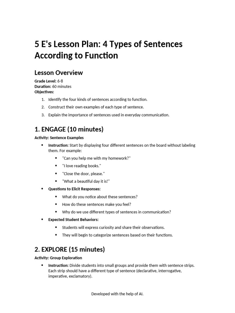 5 E's Lesson Plan: Types of Sentences | PDF | Question | Communication