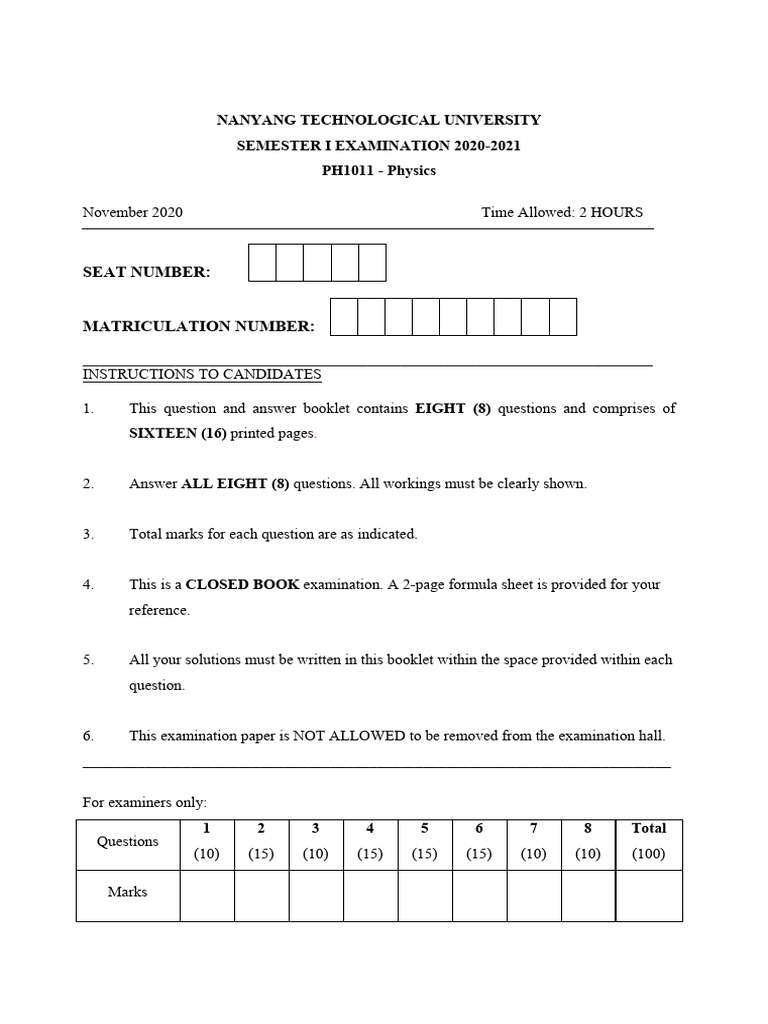 NTU PH1011 Physics Exam November 2020 | PDF | Rotation Around A Fixed ...