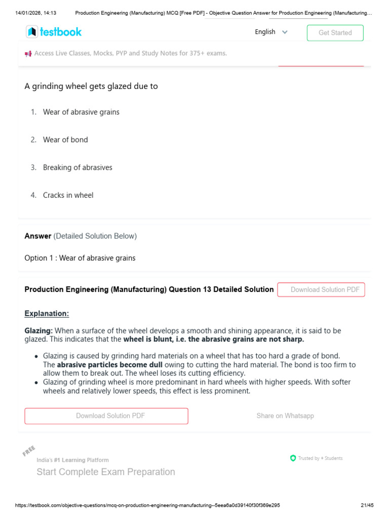 Production Engineering (Manufacturing) MCQ [Free PDF] - Objective ...