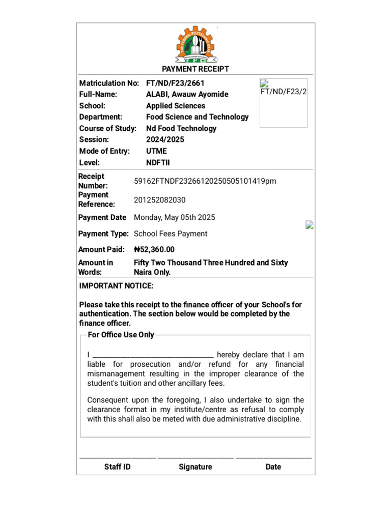 Payment Receipt for School Fees 2024/2025 | PDF