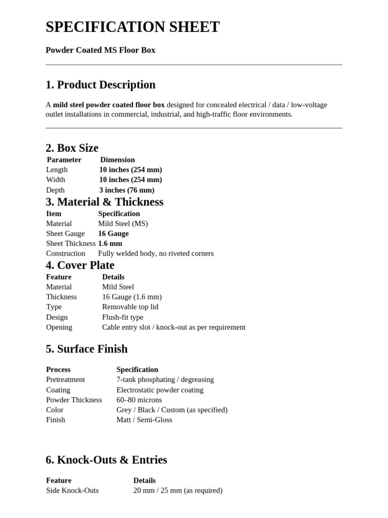 Powder Coated MS Floor Box Specs | PDF