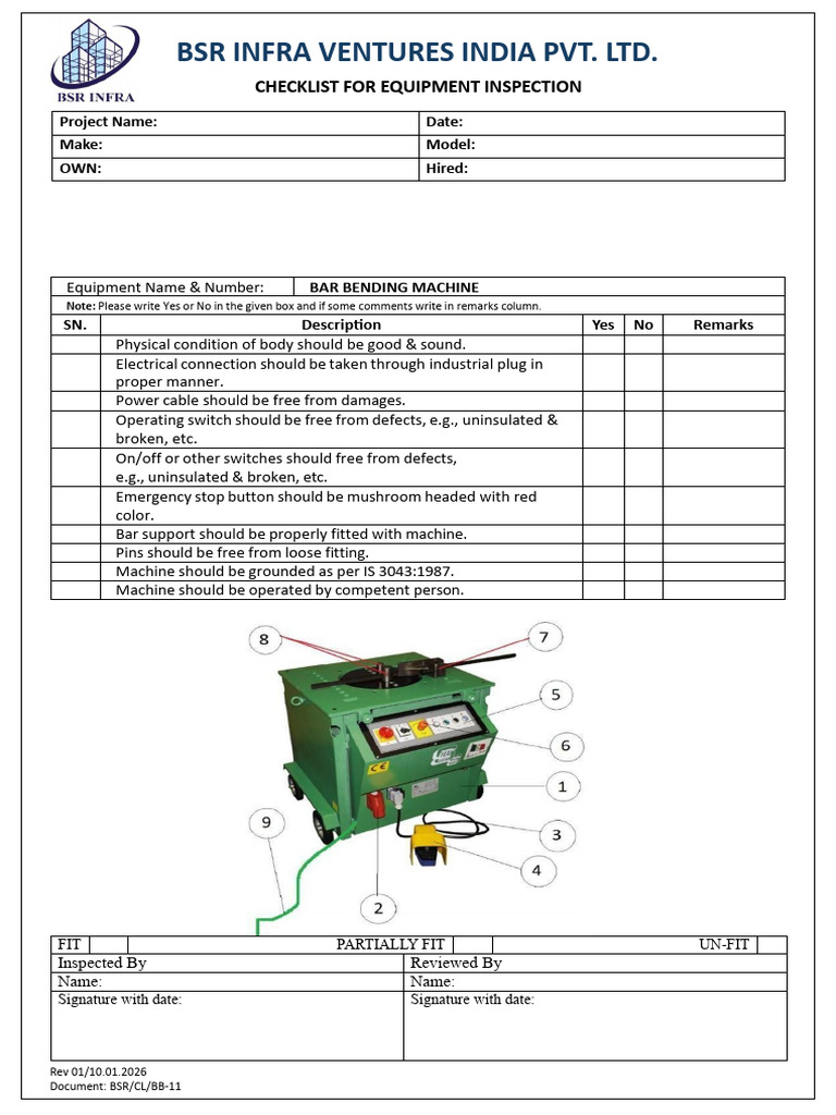 Equipment Inspection Checklist for Bar Bending Machine | PDF