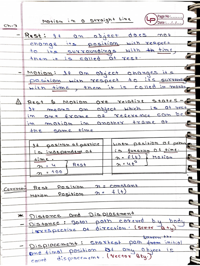 Motion in 1D Straight Line Notes | PDF