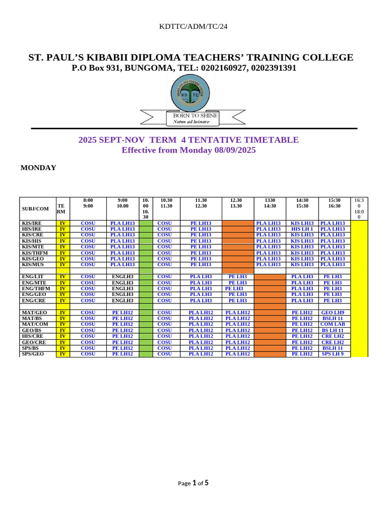 KDTTC 2025 Term 4 Timetable | PDF