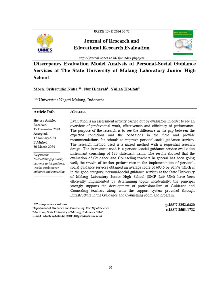 Discrepancy Evaluation Model Analysis of Personal-Social Guidance ...