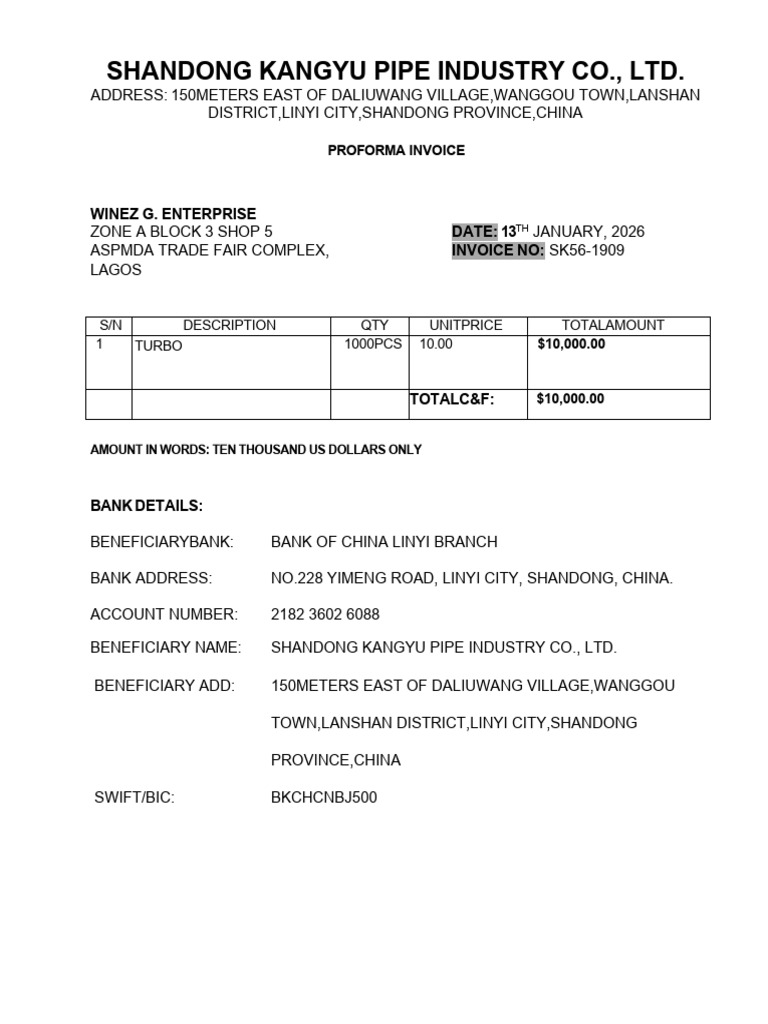 Proforma Invoice for Turbo Purchase | PDF