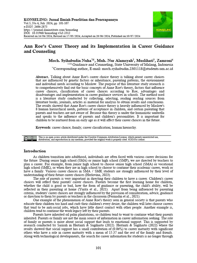 Ann Roe's Career Theory and Its Implementation in Career Guidance and ...