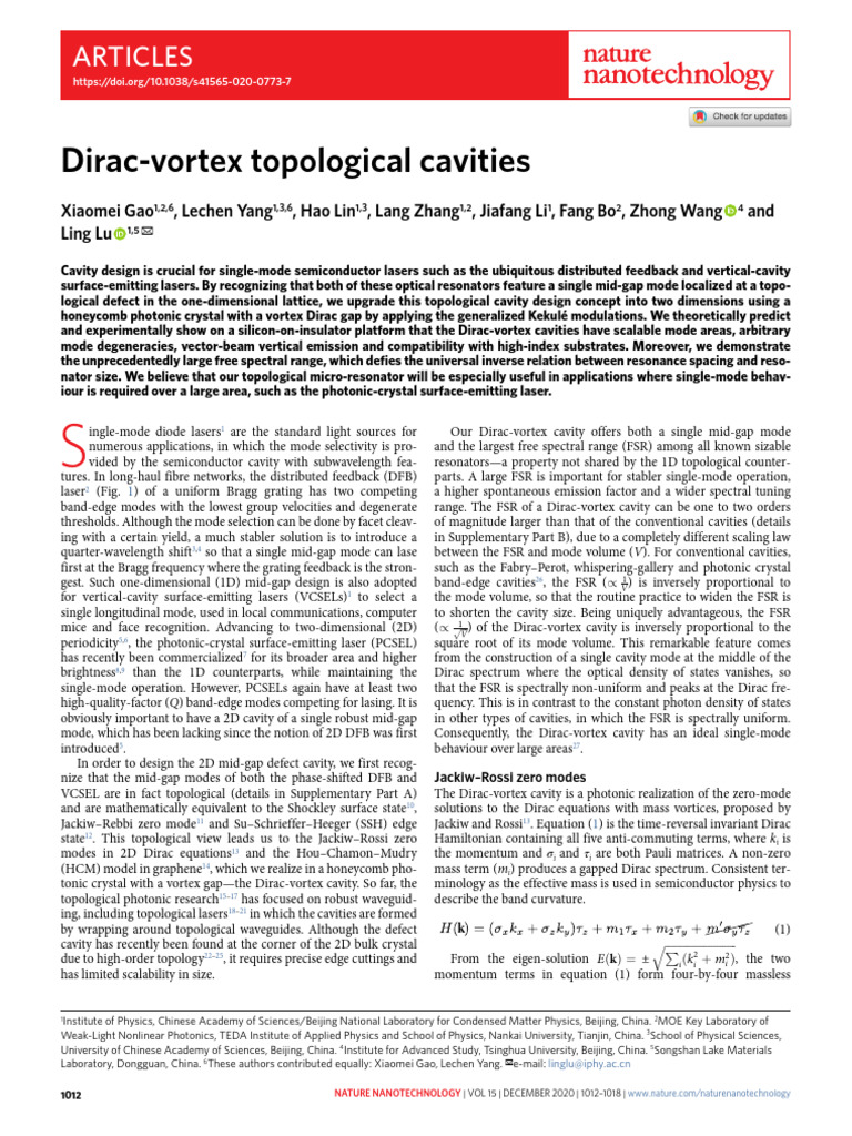 Topological Dirac-Vortex Laser Cavities | PDF | Laser | Physics