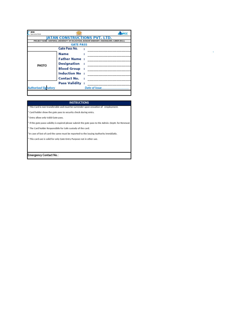 Jatan Constructions Gate Pass Instructions | PDF