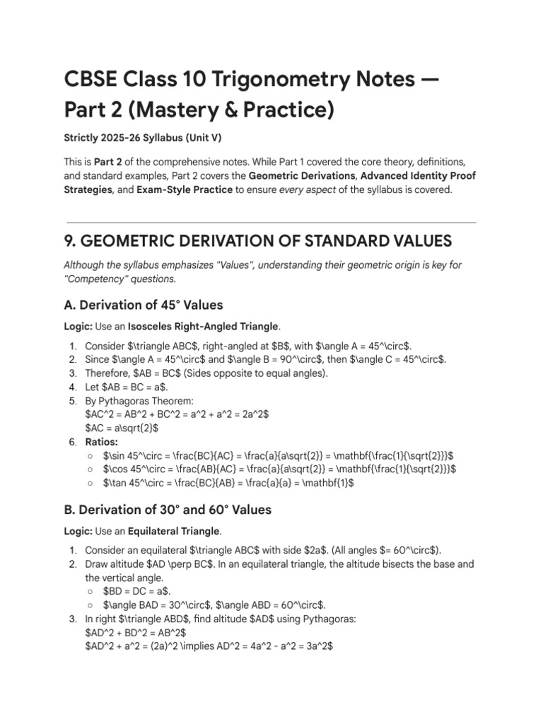 CBSE Class 10 Trigonometry Mastery | PDF | Trigonometry | Triangle Geometry
