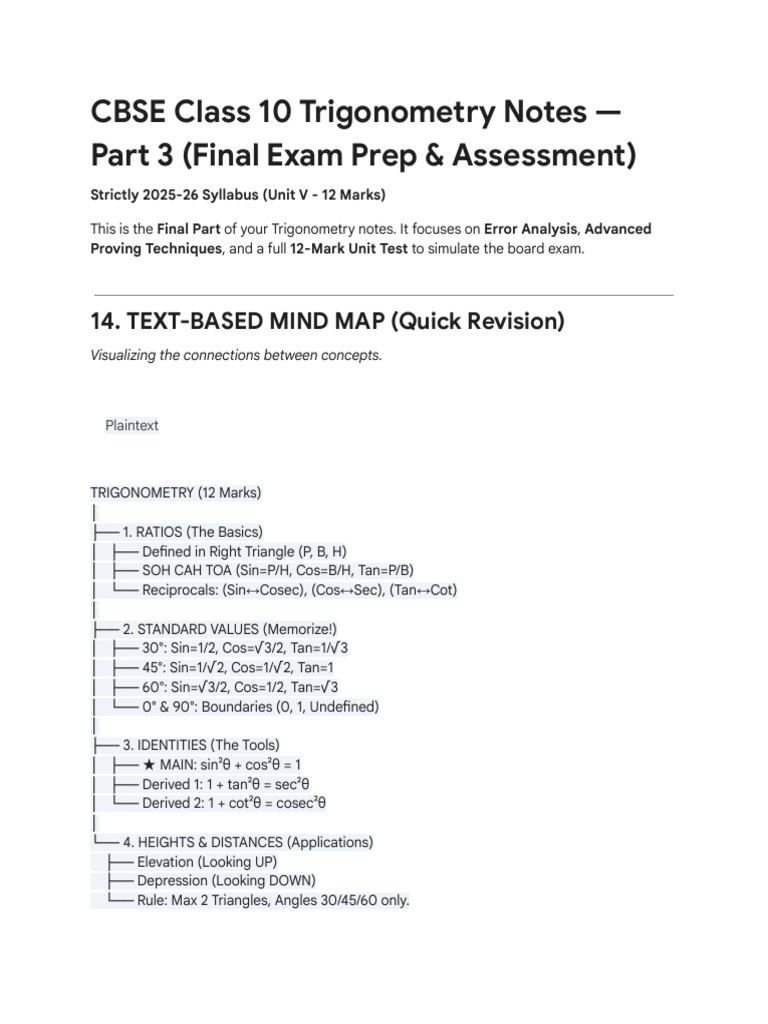 CBSE Class 10 Trigonometry Notes | PDF | Trigonometry | Trigonometric ...