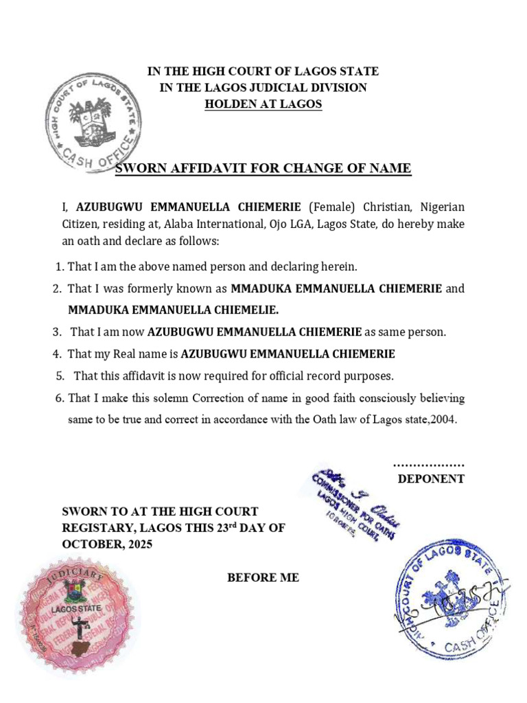 Sworn Affidavit for Change of Name | PDF