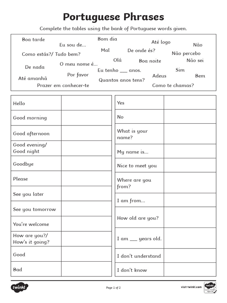 Pt t t 6024 Common Portuguese Phrases Table Activity Sheet English ...