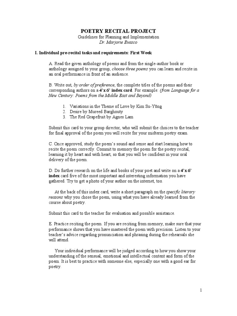 POETRY RECITAL PROJECT Guidelines of Marjorie Evasco-1 | PDF | Poetry ...
