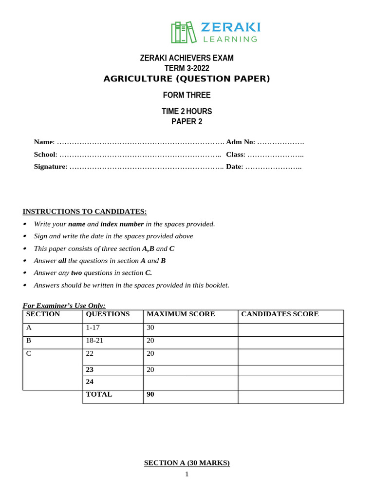 Agriculture Exam Paper Form Three 2022 | PDF | Domesticated Animals ...
