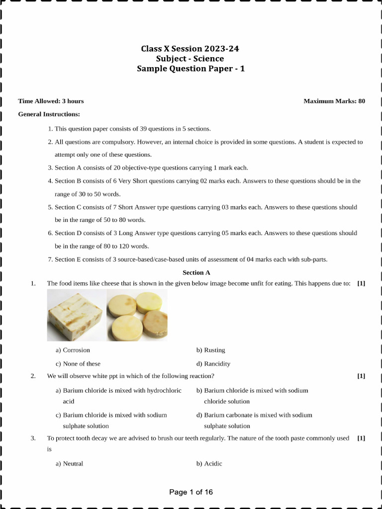 CBSE Sample Paper Class 10 Science 2024 Set 1 | PDF