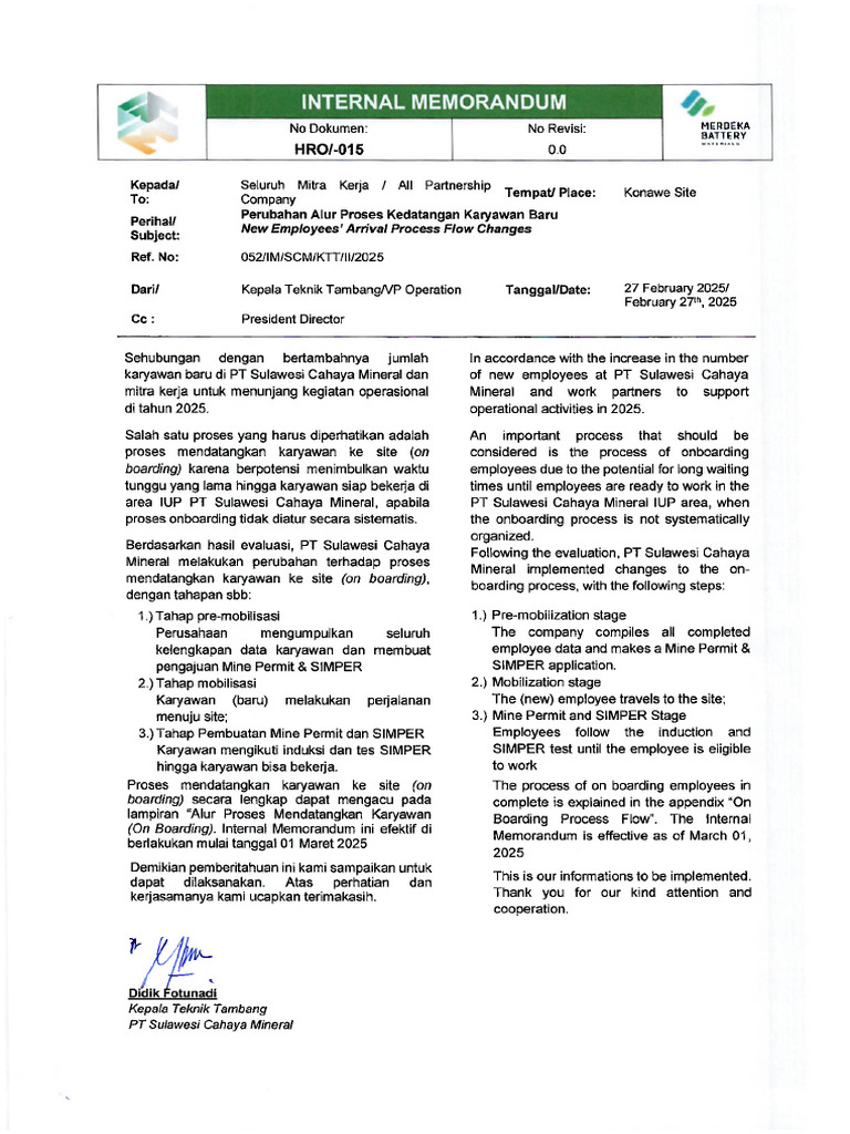 Internal Memo 052 - Perubahan Alur Proses Kedatangan Karyawan Baru | PDF