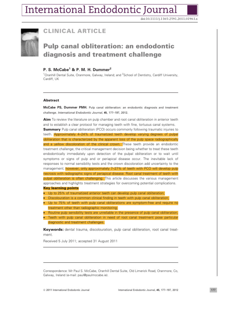 Pulp Canal Obliteration- An Endodontic Diagnosis and Treatment ...