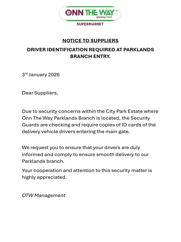 Notice to Suppliers - Security Procedure Affecting Delivery Drivers | PDF
