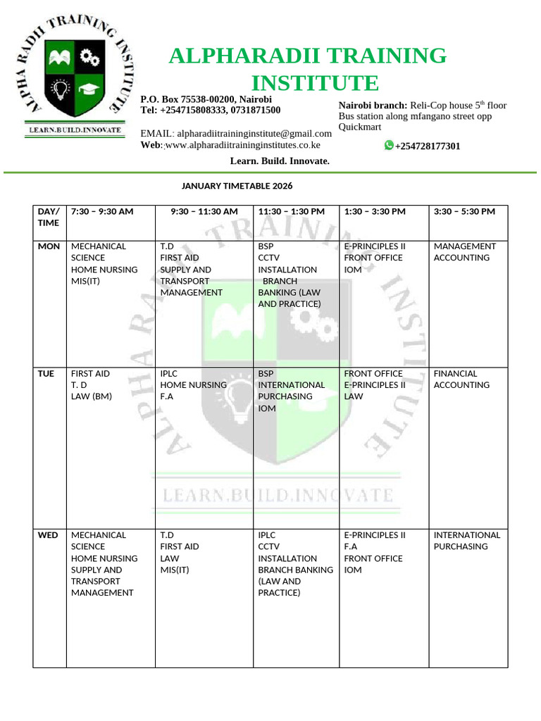 January 2026 Training Timetable | PDF