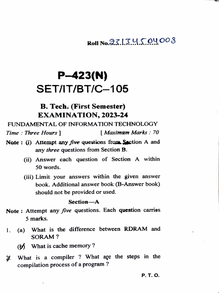B. Tech IT Fundamentals Exam 2023-24 | PDF | Operating System | Client ...
