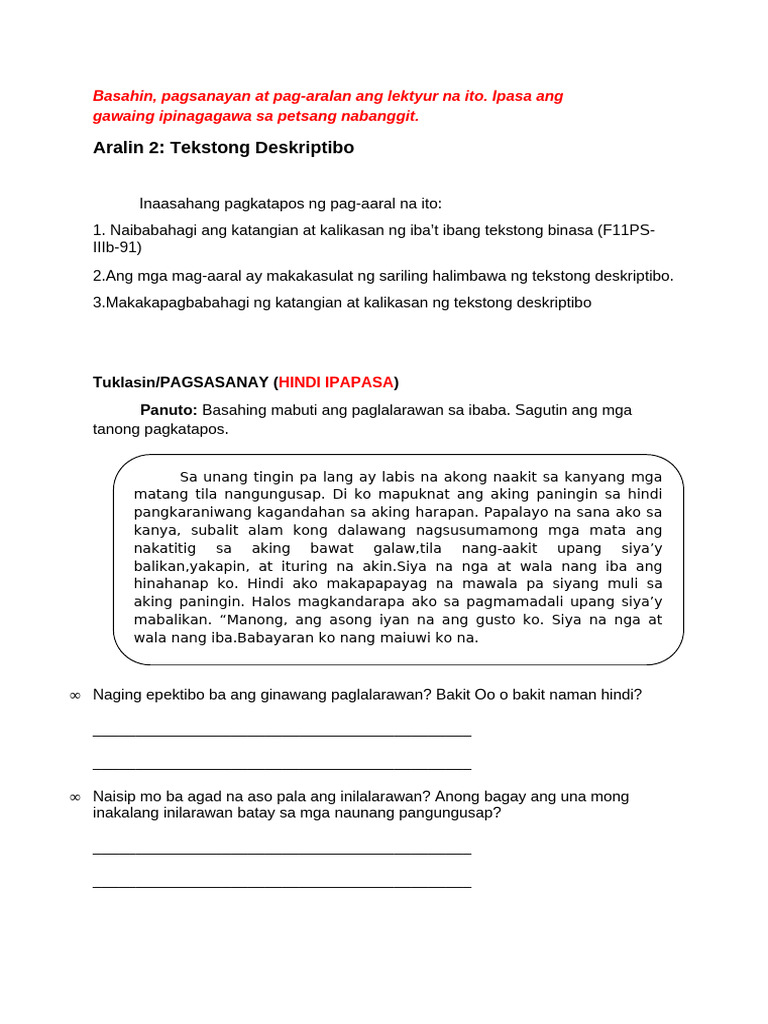 Tekstong Deskriptibo Student | PDF
