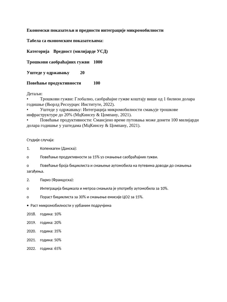 Ekonomski Pokazatelji i Prednosti Integracije Mikromobilnosti | PDF