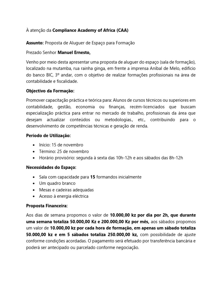 Proposta de Aluguel para Formação em Contabilidade | PDF