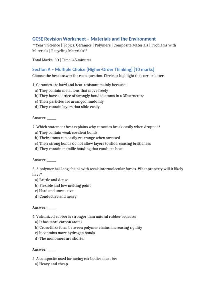 Year9 GCSE Revision Worksheet Materials | PDF | Recycling | Waste ...