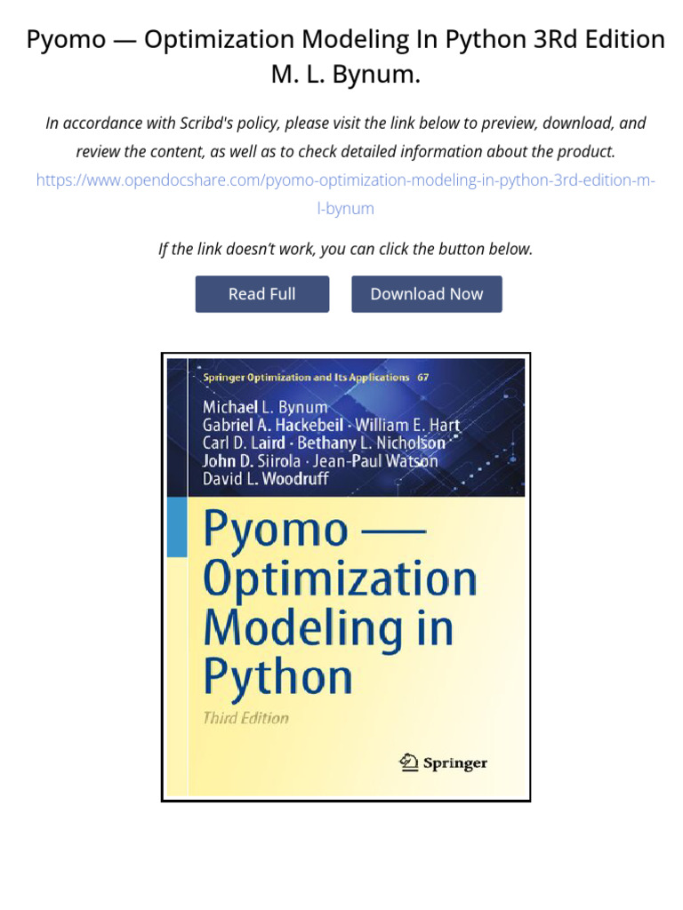 Pyomo — Optimization Modeling in Python 3rd Edition M. L. Bynum. | PDF | Mathematical ...